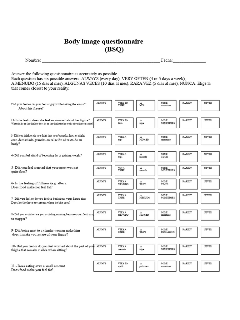 Body Shape Questionnaire (BSQ) | PDF | Body Image | Eating Disorder