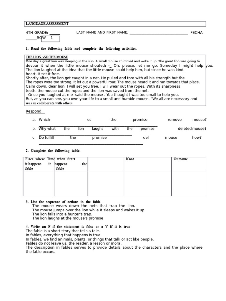 4th Grade Language Assessment Fables | PDF | Adjective | Noun