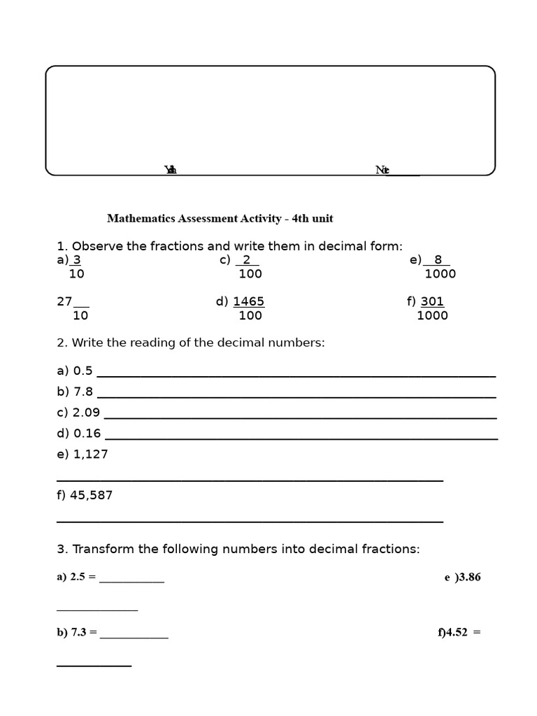 Test 4th Year 4th Unit Hmandr | PDF | Numbers | Decimal