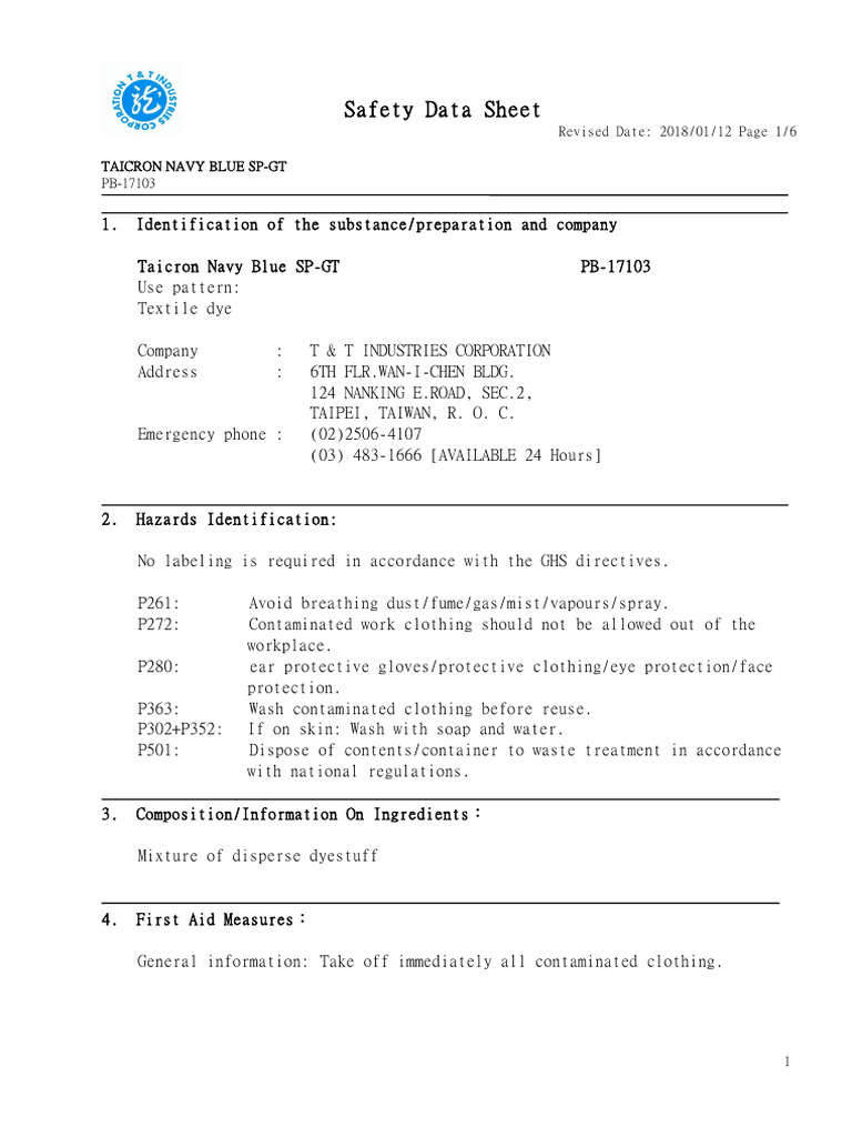 Pb-17103 Taicron Navy Blue SP-GT - Sds | PDF | Firefighting | Materials