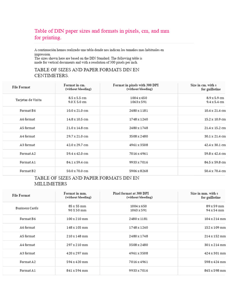 Table of DIN Paper Sizes and Formats in Pixels | PDF
