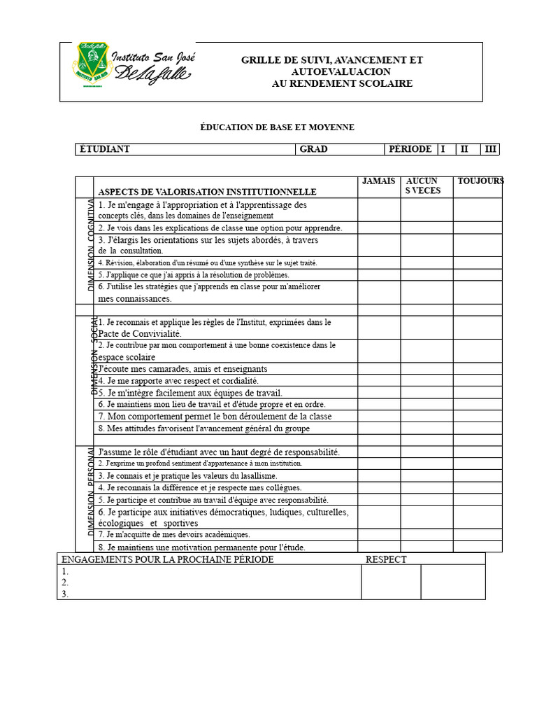 Grille d'Autoévaluation Scolaire | PDF | Apprentissage | Cognition