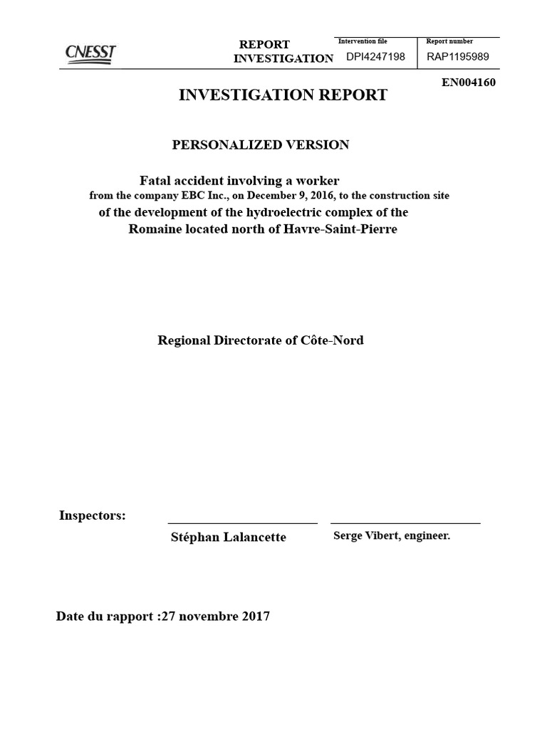 Investigation Report From CNESST Regarding The Death of A Worker at ...