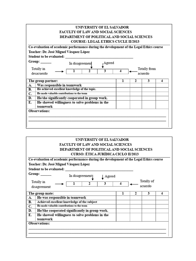 Self and Peer Evaluation Template | PDF | Liberal Arts Education ...