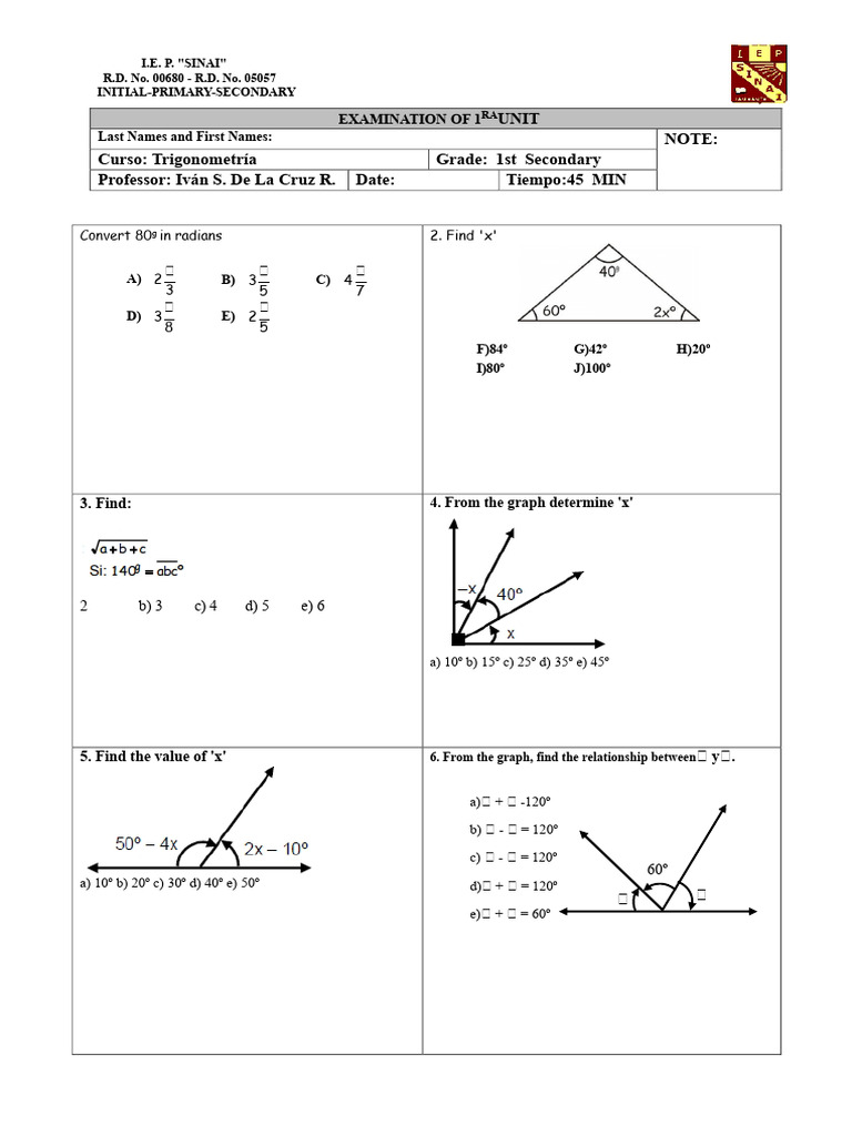 Trigonometry Exam for 1st Secondary | PDF