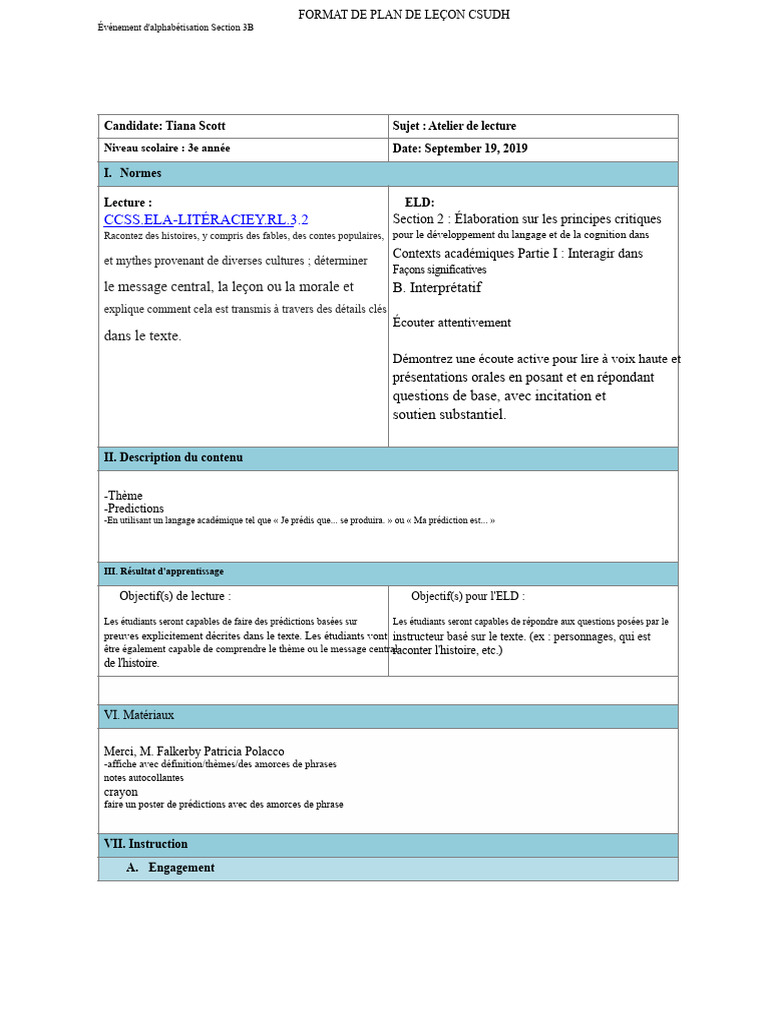 Plan de leçon sur les prédictions en lecture | PDF | Cognition ...