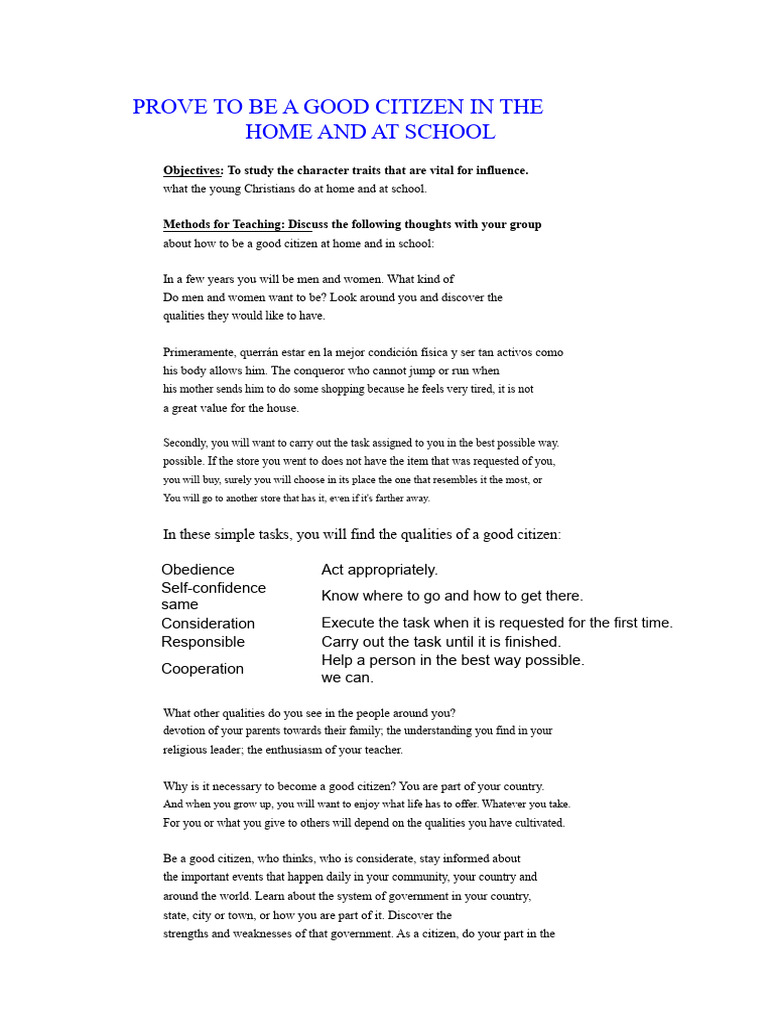 Demonstrating Being A Good Citizen at Home and in School | PDF ...