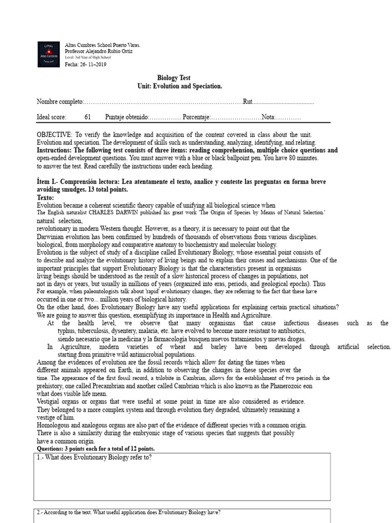 Biology Test Third Year High School Evolution | PDF | Natural Selection ...