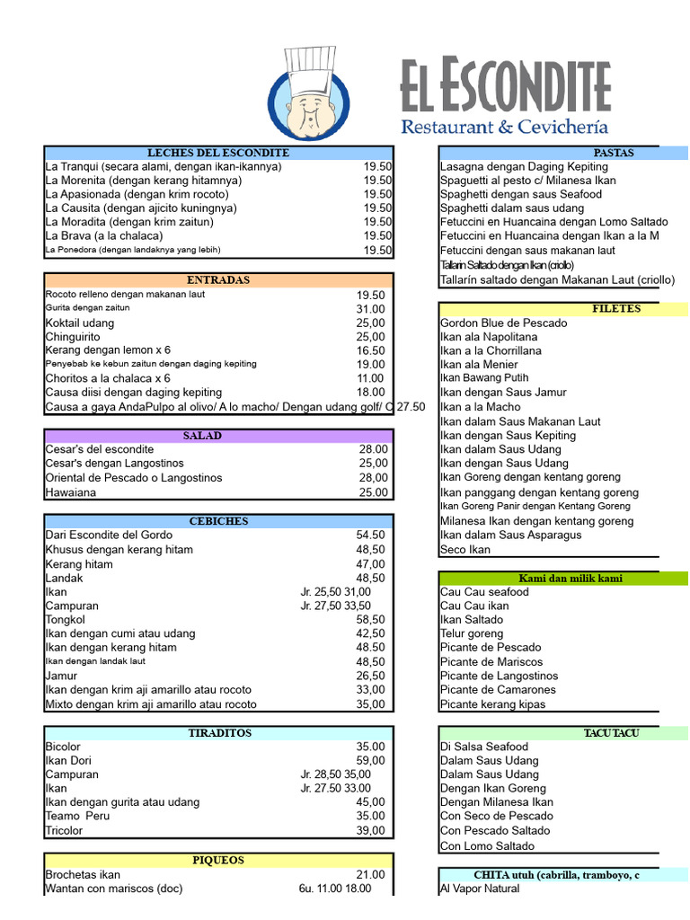 Menu Leches Del Escondite: Hidangan Laut | PDF