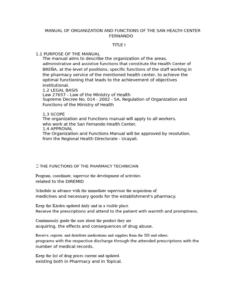 Organization Manual for San Health Center | PDF | Pharmacy ...