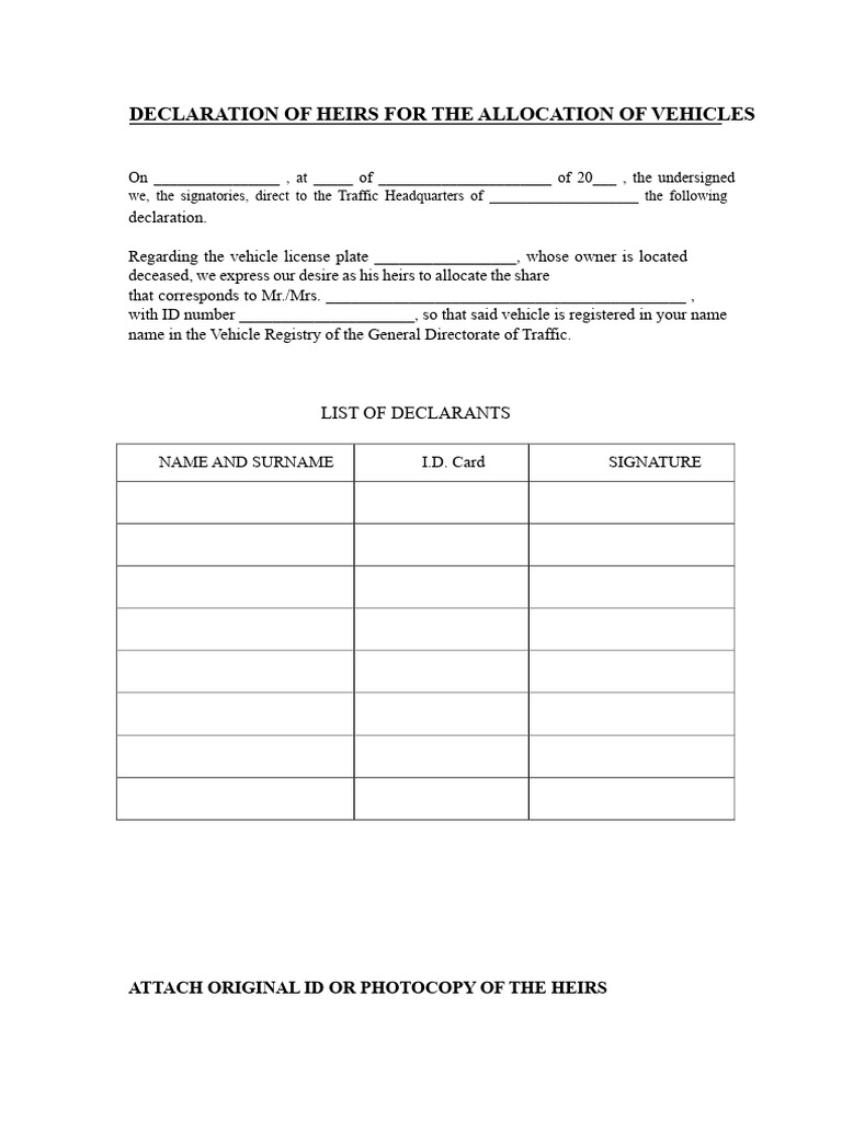 Declaration of Heirs For The Allocation of Vehicles PDF | PDF