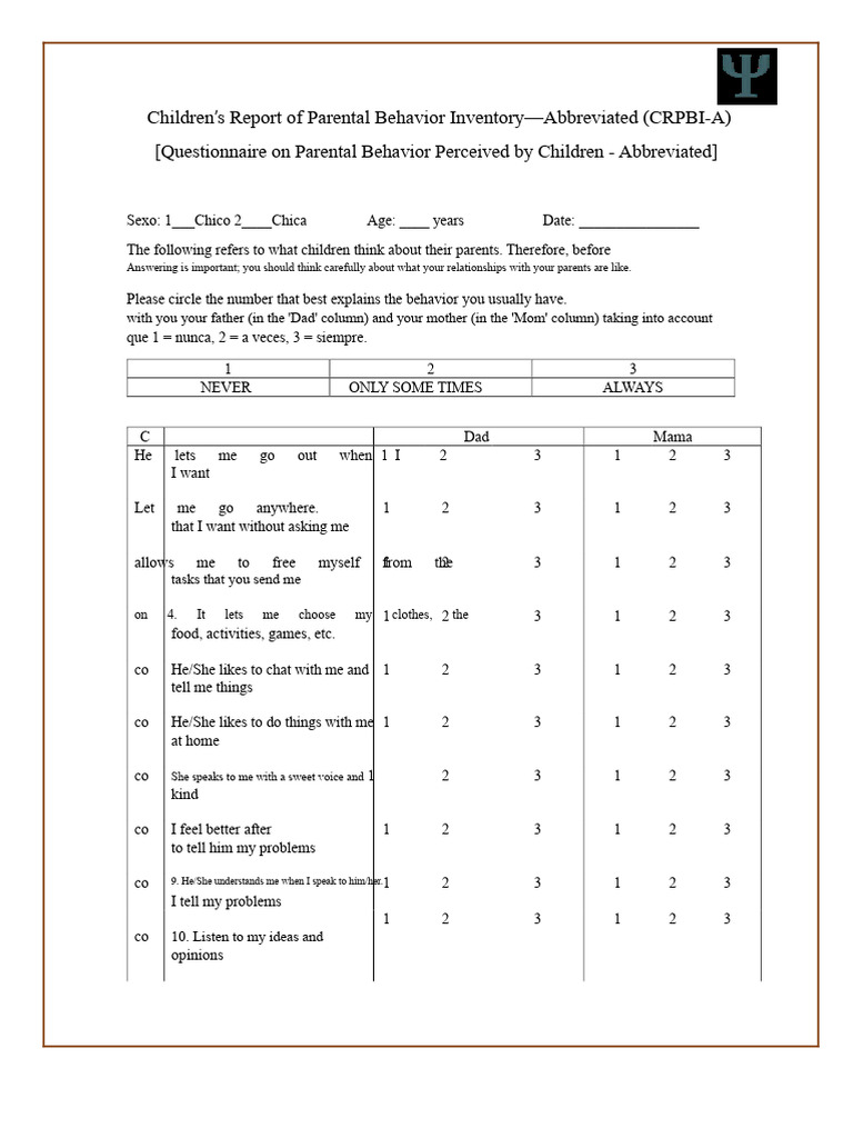 Abbreviated Parental Behavior Questionnaire | PDF | Parenting | Self ...