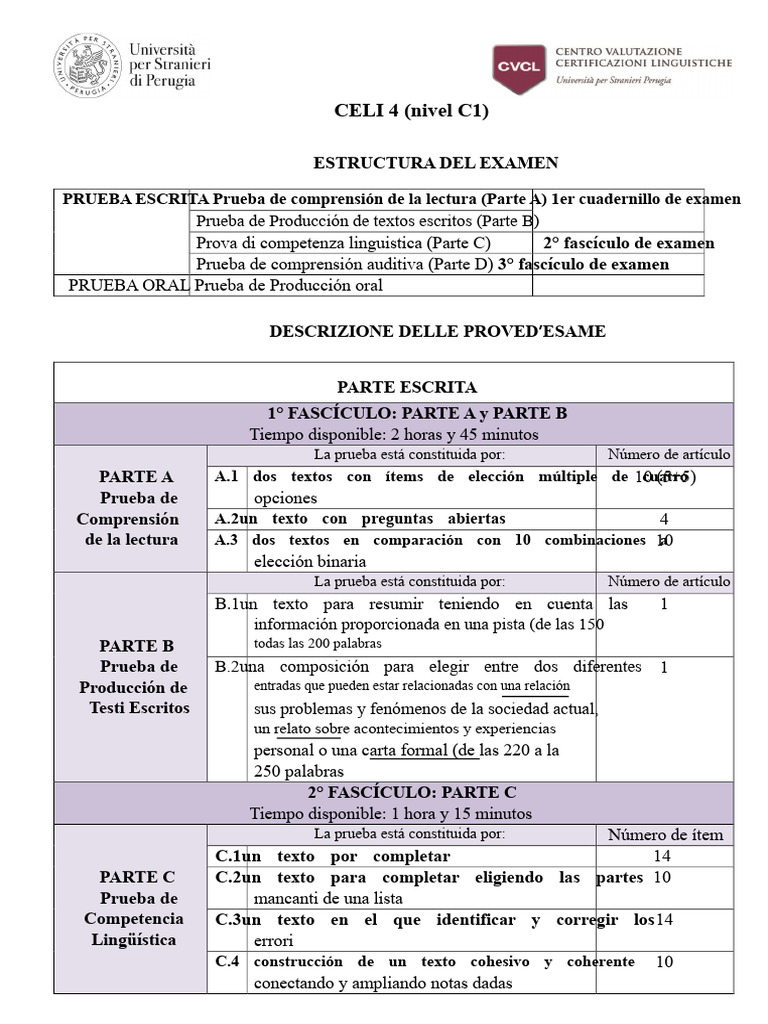 Estructura del Examen CELI 4 C1 | PDF