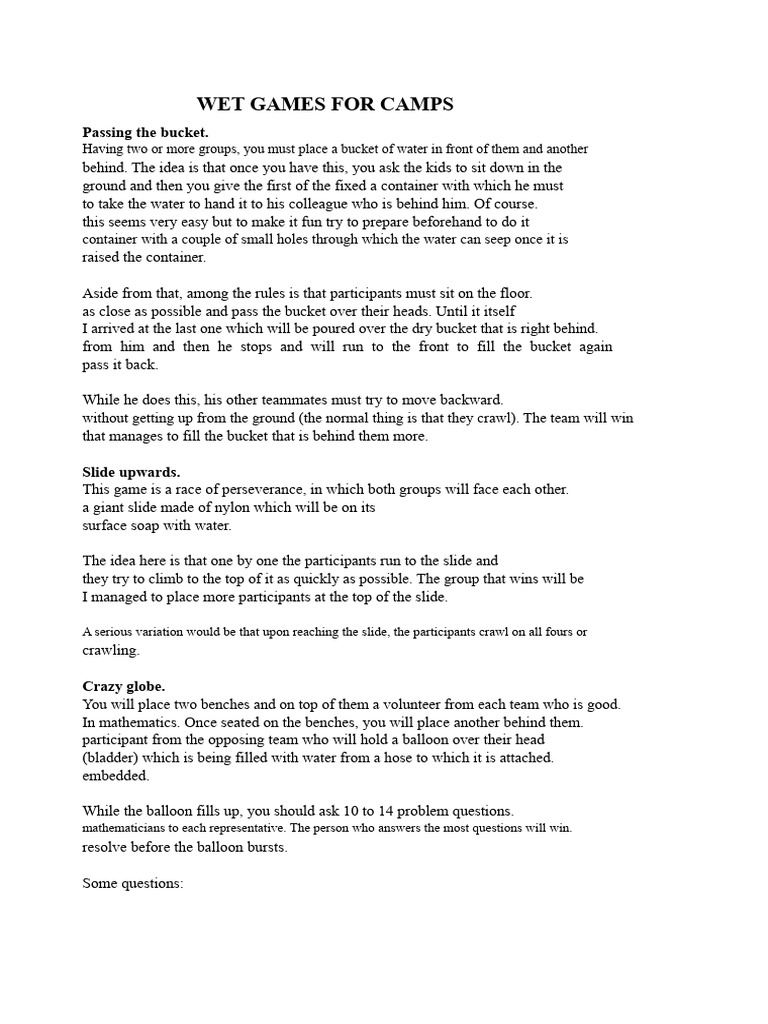 Wet Games For Camps | PDF | Balloon