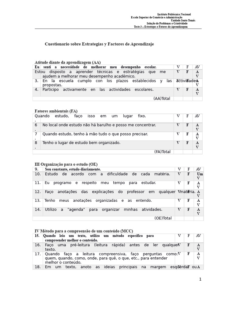 Estilos De Aprendizagem Questionário 3 Pdf Aprendizado Cognição