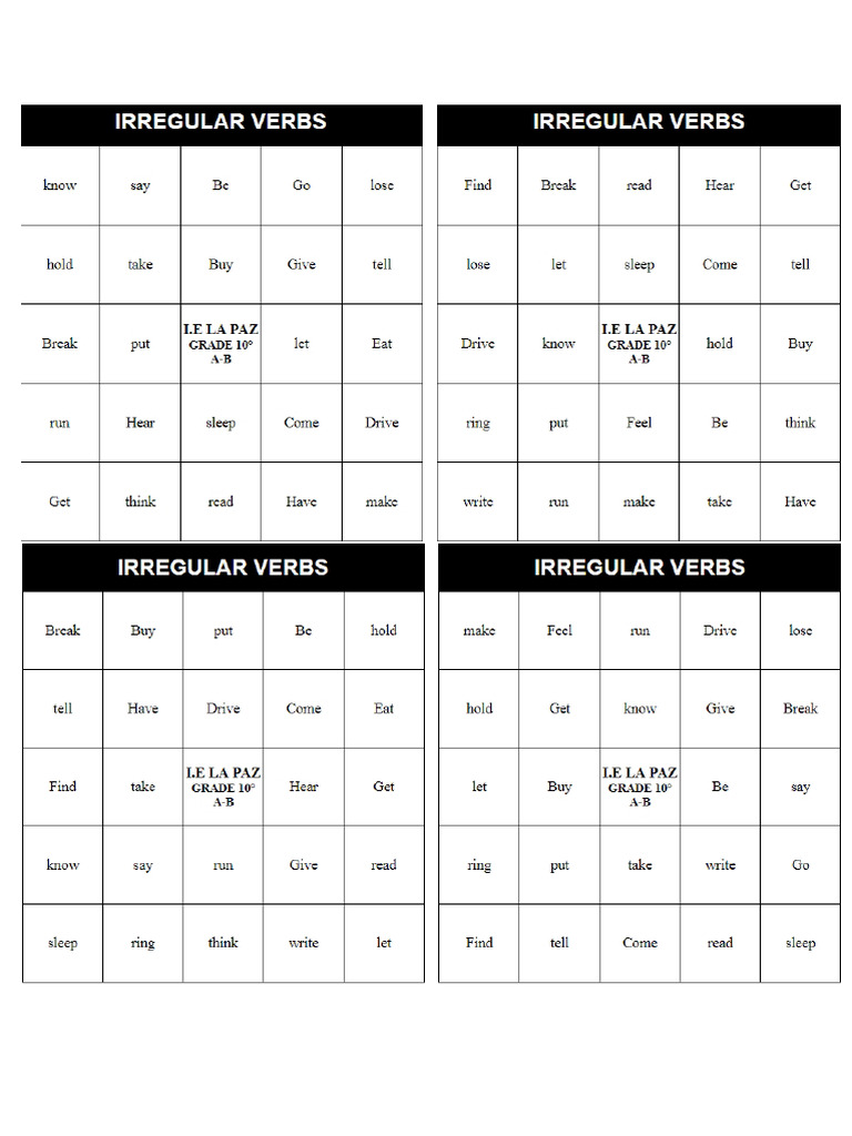 Bingo Verbos Irregulares. | PDF
