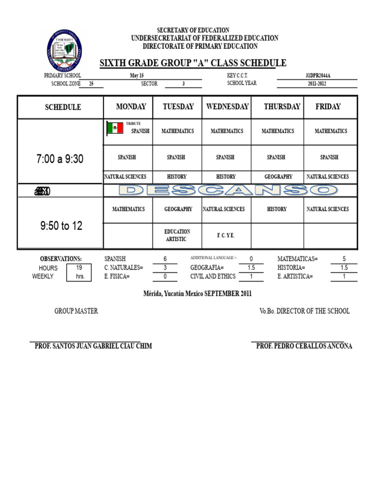 Sixth Grade Class Schedule 2011-2012 | PDF
