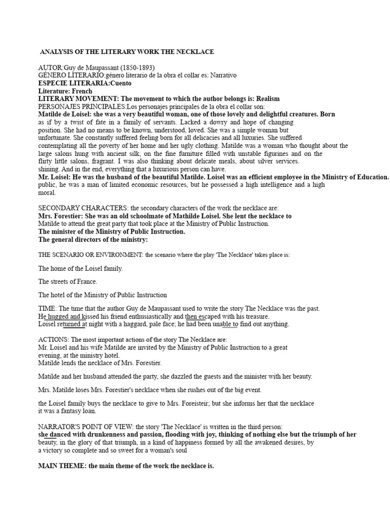 Analysis of The Literary Work The Necklace | PDF