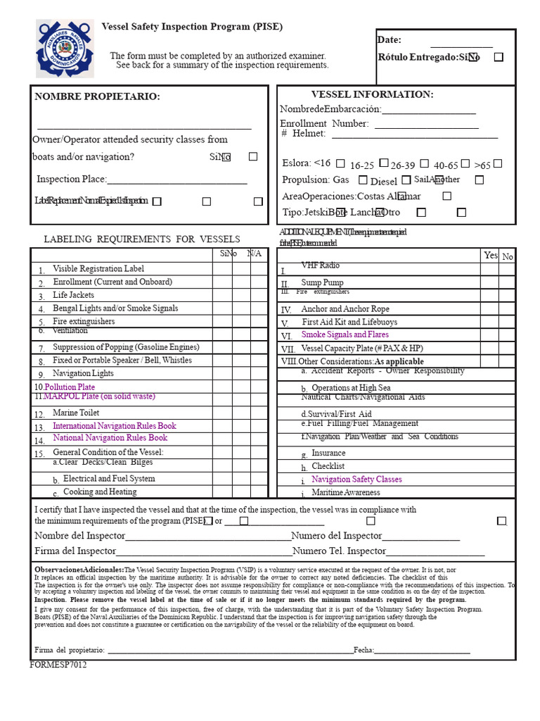 Vessel Inspection Form | PDF | Fires | Fuse (Electrical)