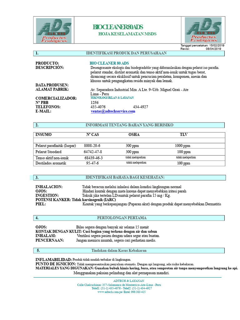 MSDS Bio Cleaner 80 ADS: Keamanan & Penggunaan | PDF