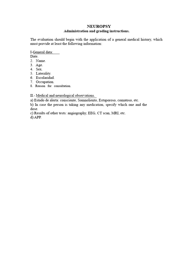 Neuropsychological Evaluation Guide | PDF | Memory | Chair