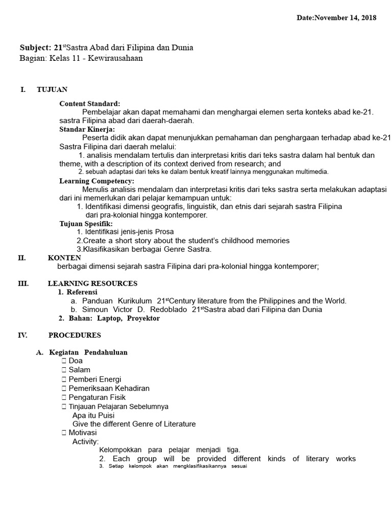 RENCANA PELAJARAN HARI KE-3 DALAM SASTRA ABAD KE-21 DARI FILIPINA DAN DUNIA - Salinan | PDF