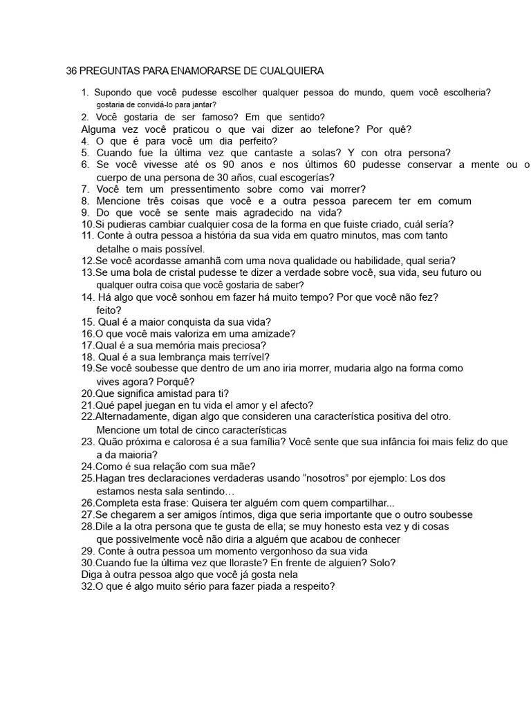 36 Perguntas para Se Apaixonar Por Qualquer Um | PDF | Amor