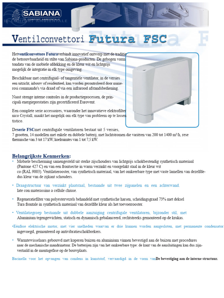 SABIANA Technische Specificatie Ventiloconvector FUTURA FSC | PDF