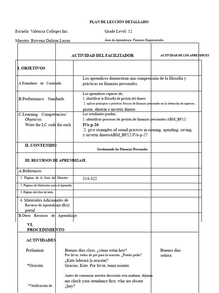 Plan de Lección Detallado | PDF | Finanzas personales | Economias