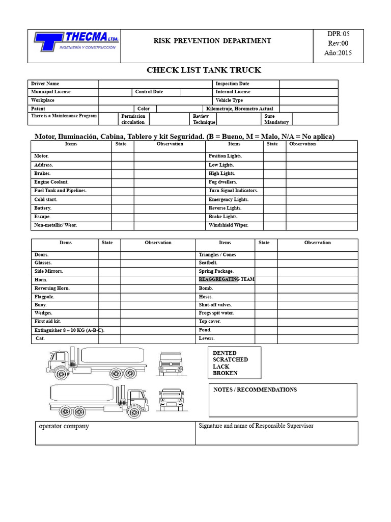 DPR 05 Check List Water Tank Truck | PDF | Vehicles | Vehicle Technology