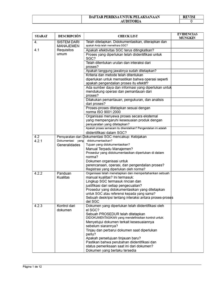 Daftar Periksa Auditoria SGC ISO 9001 | PDF