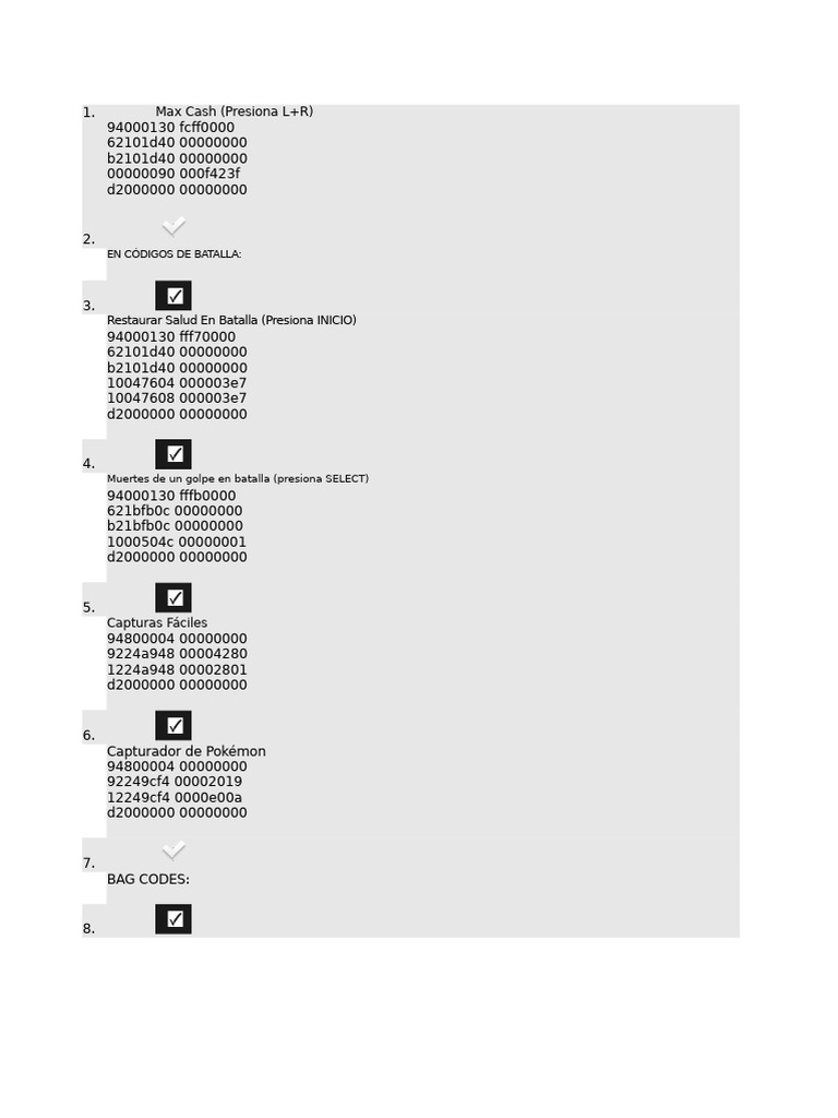 Códigos de Action Replay para Pokemon Platinum | PDF
