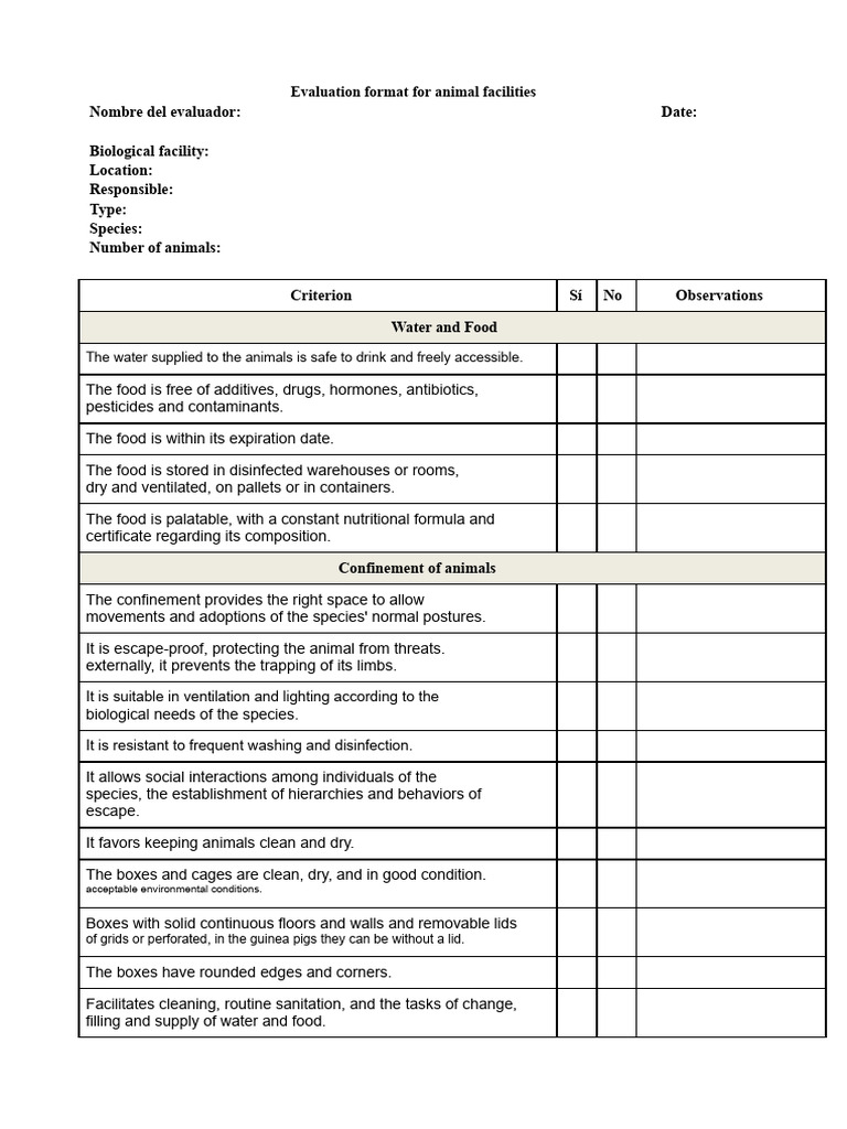 Evaluation Format For Animal Facilities | PDF | Abdomen | Anatomy