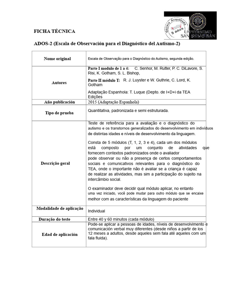 Ficha Técnica ADOS-2 | PDF | Autismo