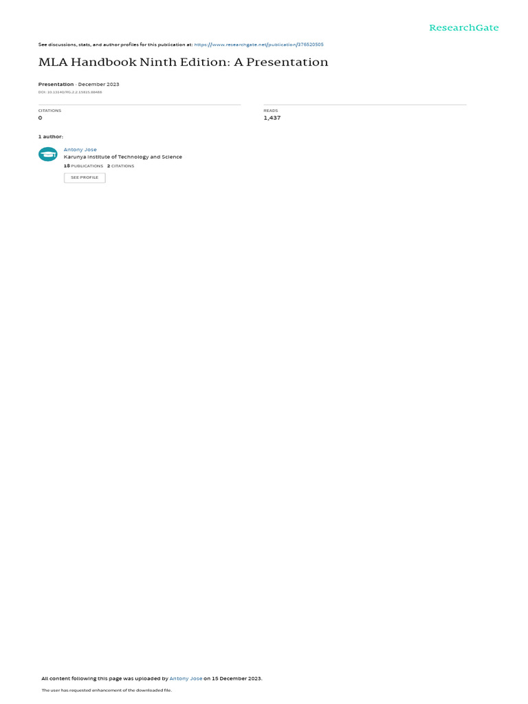 Mla Handbook Ninth Edition | PDF | Paragraph | Citation