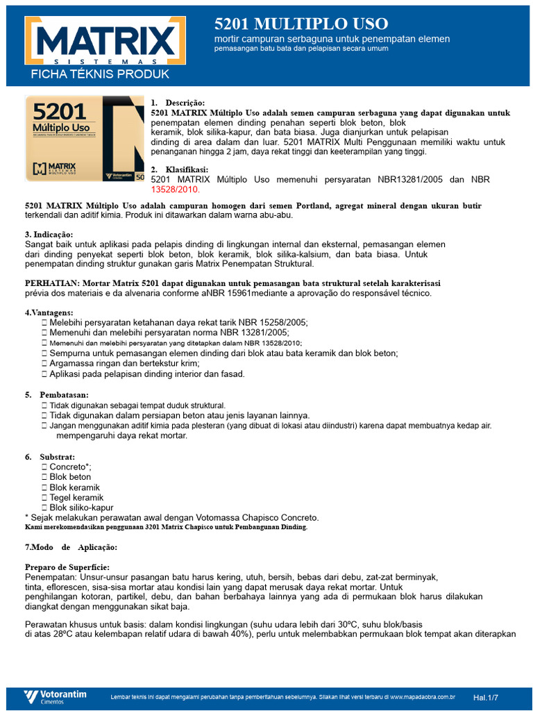 Spesifikasi Teknik - Mortar MATRIX 5201 | PDF