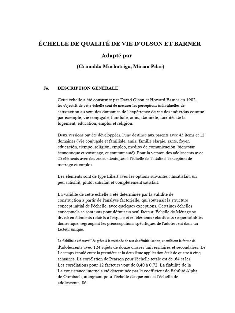 Échelle de Qualité de Vie d'Olson-Barnes | PDF | Héroïne | Bien-être
