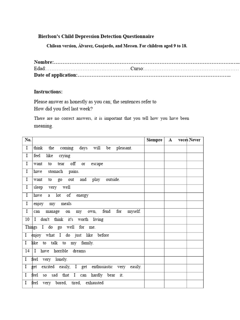 Bierlson's Child Depression Detection Questionnaire | PDF