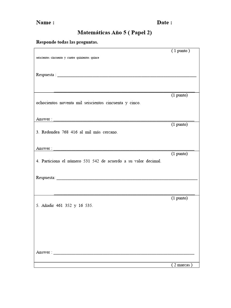 Matemáticas Mid Año 5 Papel 2 2012 | PDF | Aritmética | Matemáticas