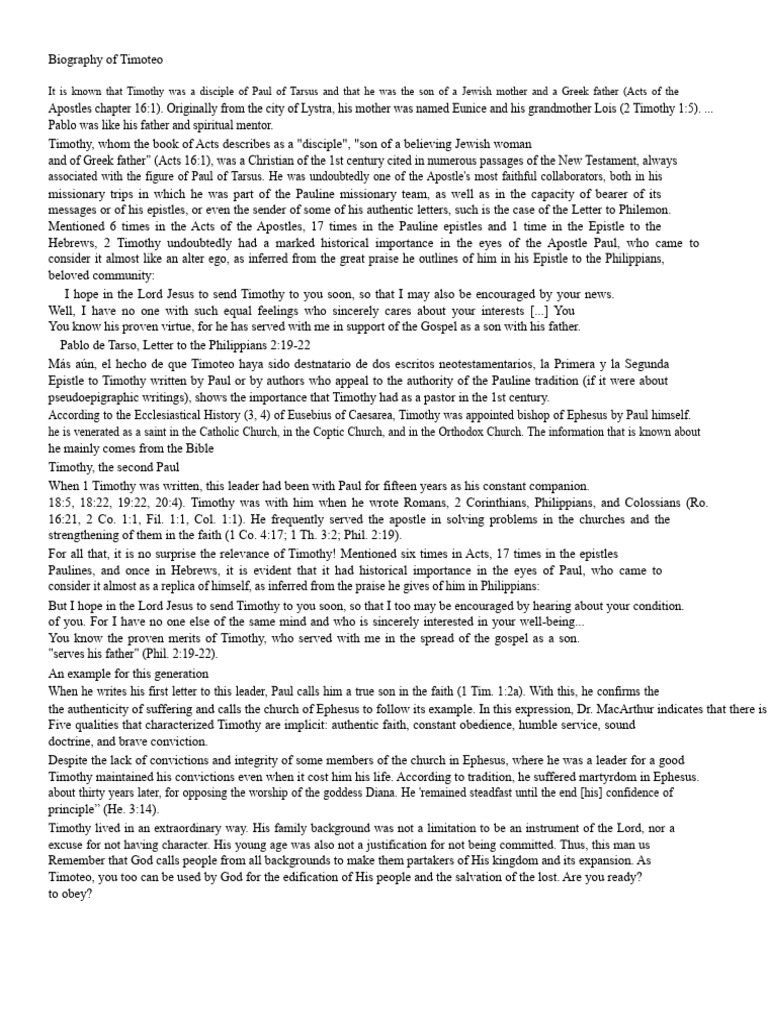 Biography of Timothy | PDF | Saint Timothy | Paul The Apostle