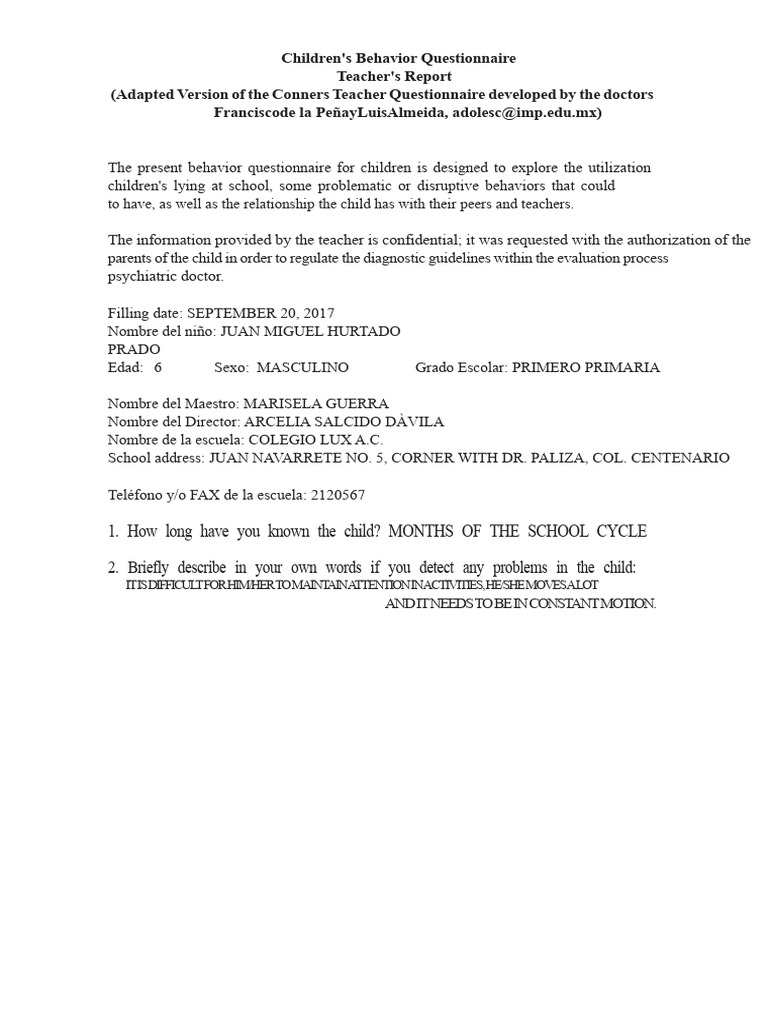 Behavior Questionnaire For Children Teacher's Report | PDF ...