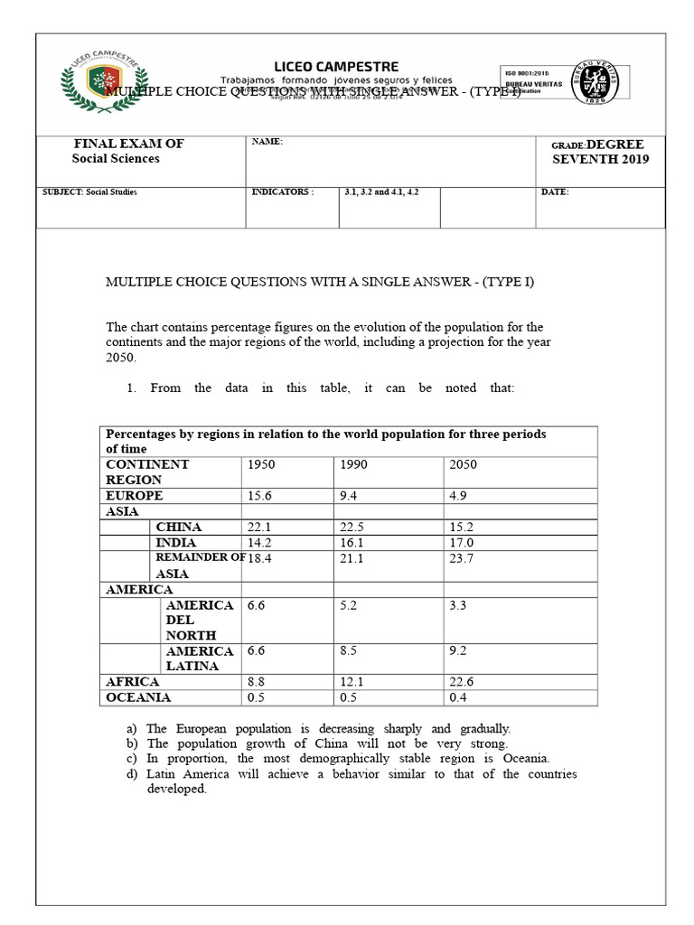 FINAL EXAM OF SOCIAL SCIENCES 7th | PDF