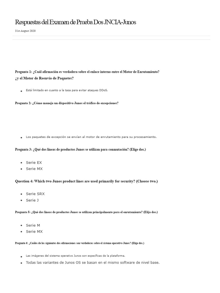 Respuestas Del Examen de Práctica Dos JNCIA-Junos | PDF | Enrutador (Computación) | Protocolos ...