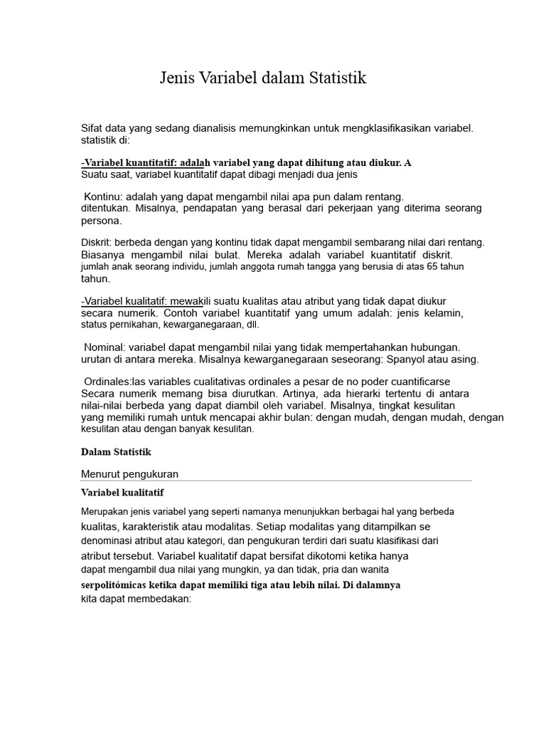 Jenis Variabel Statistik: Kuantitatif & Kualitatif | PDF