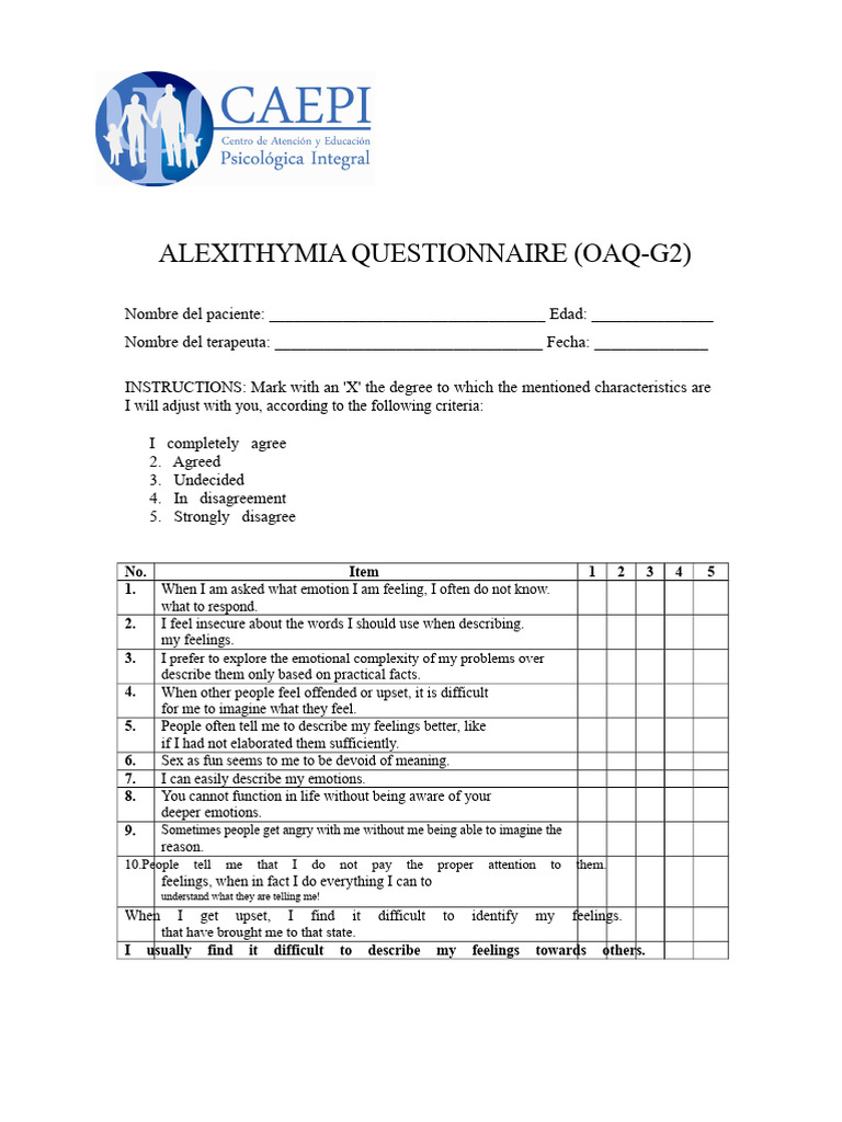Alexithymia Questionnaire (OAQ-G2) | PDF | Feeling | Questionnaire
