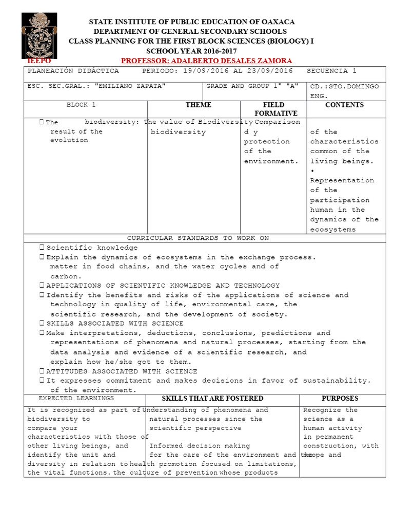 Biology Planning Block 1 First Week | PDF | Biodiversity | Knowledge