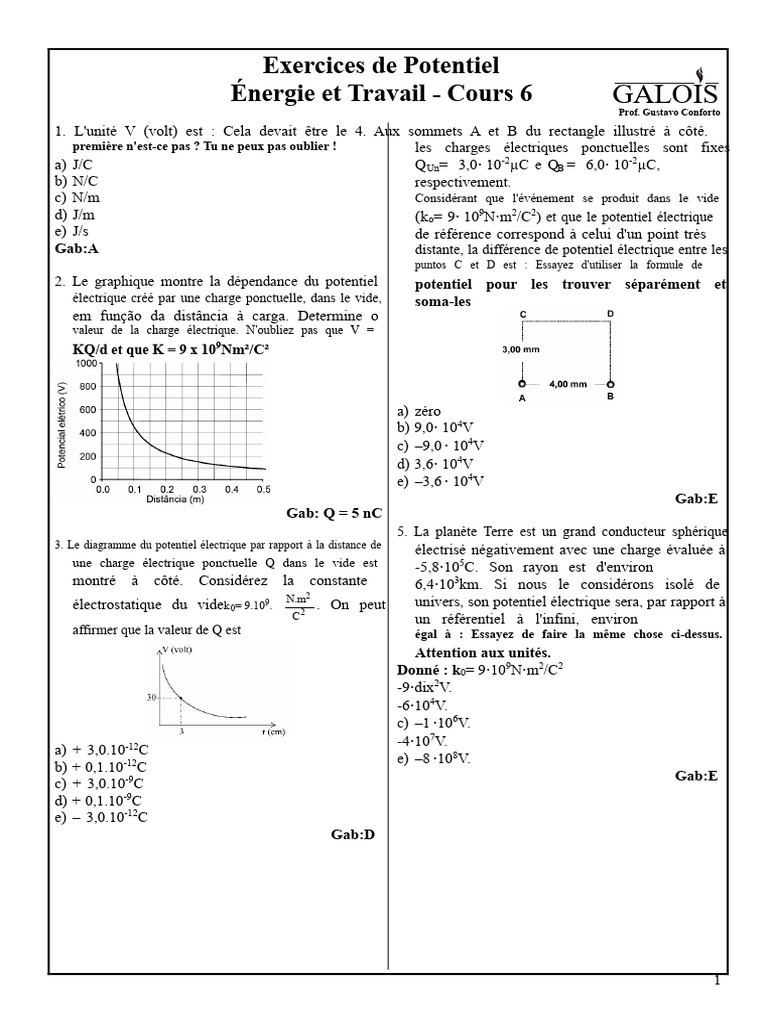 Exercices sur le Potentiel Électrique | PDF | Champ électrique ...