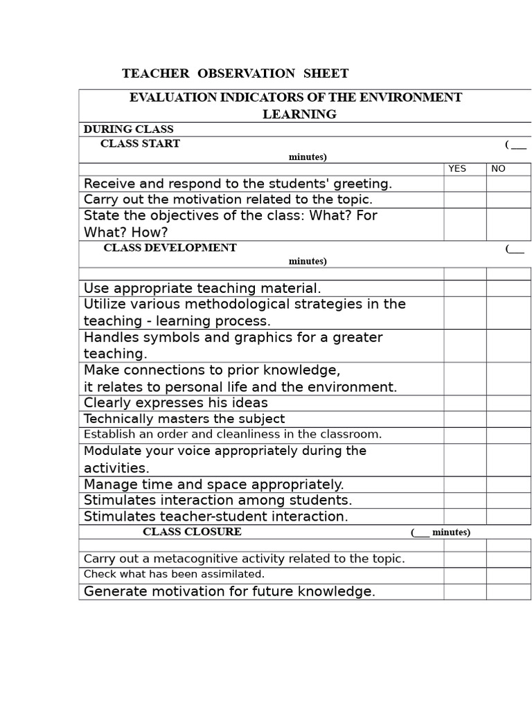 Teacher Observation Evaluation Sheet | PDF | Teachers | Learning