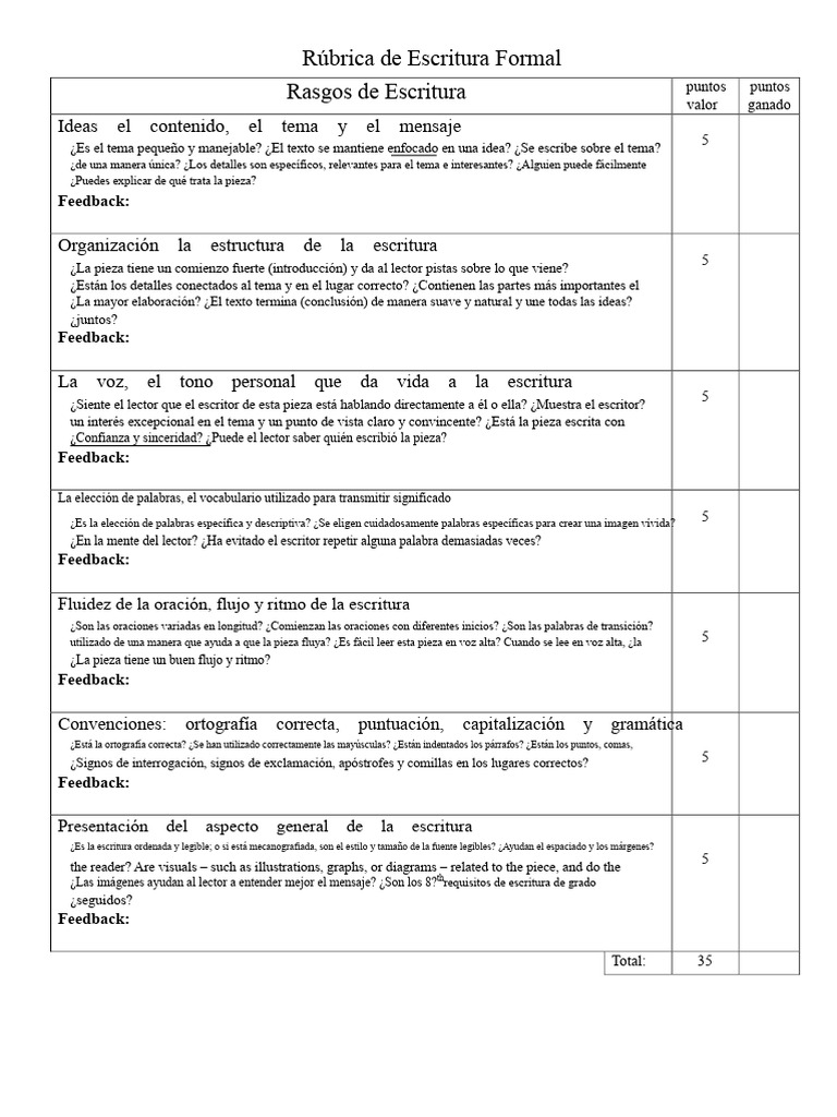 Rúbrica para Evaluar Escritura Formal | PDF | Escritores | Puntuación