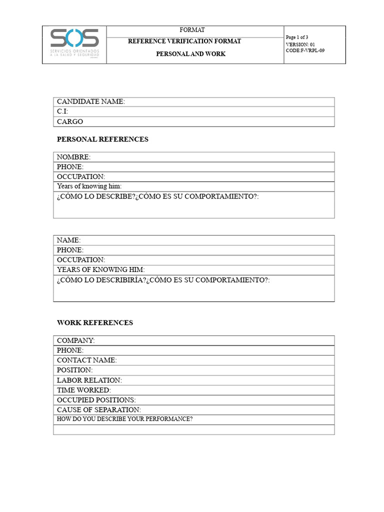 Reference Verification Form Template | PDF